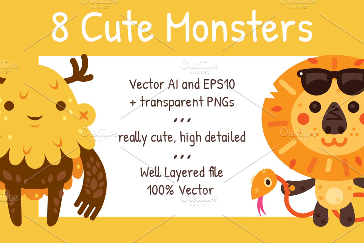 8 Cute Monsters, an Education Illustration by Manudesign