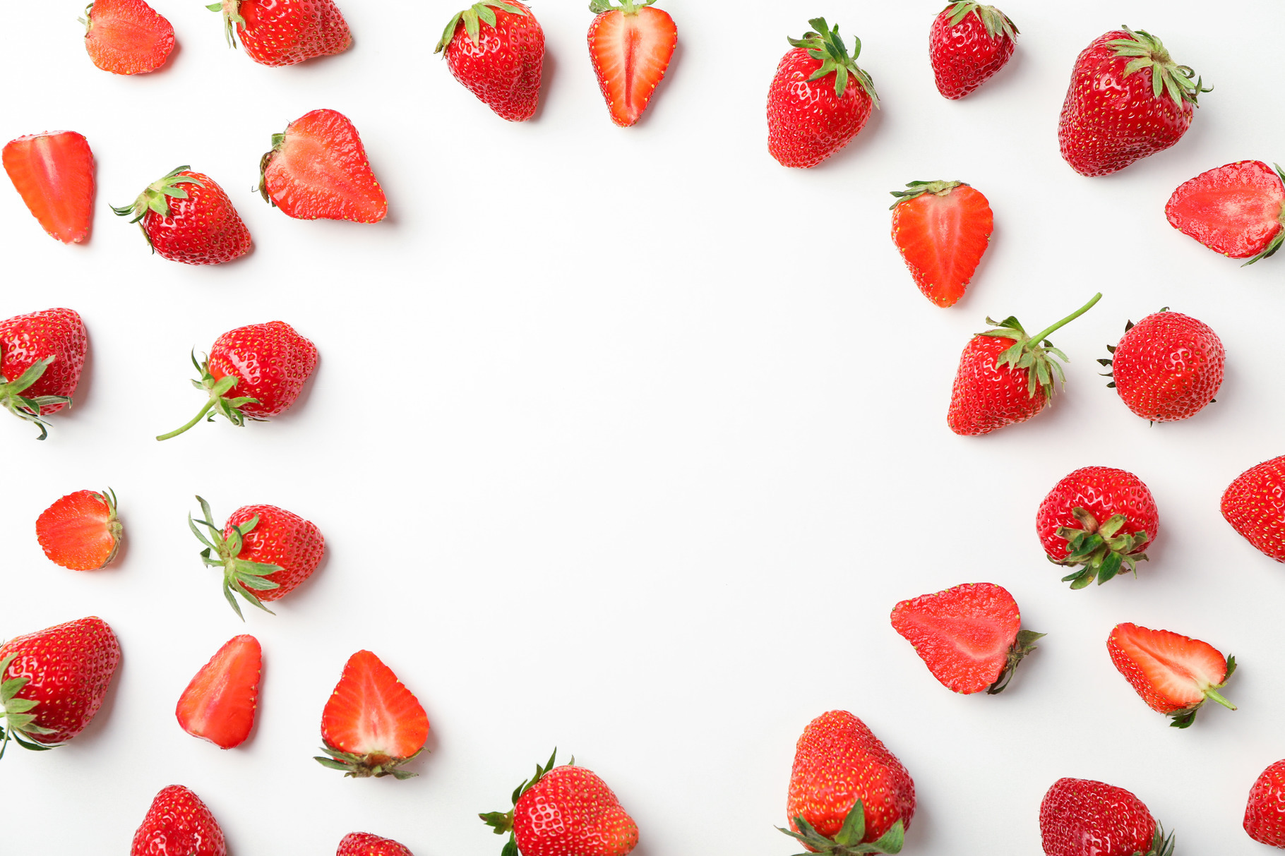 Flat lay composition with strawberries on white background, spac, a ...