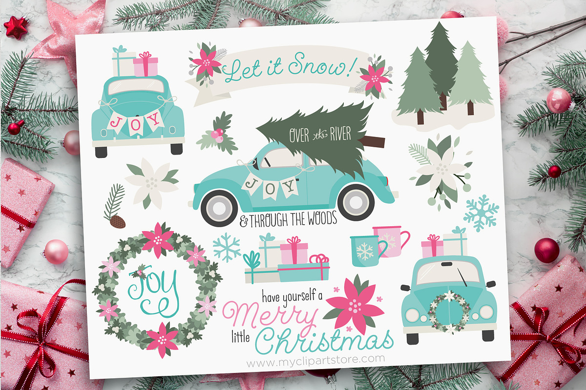 Vintage Car with Christmas Tree Mint, a Seasonal Illustration by ...