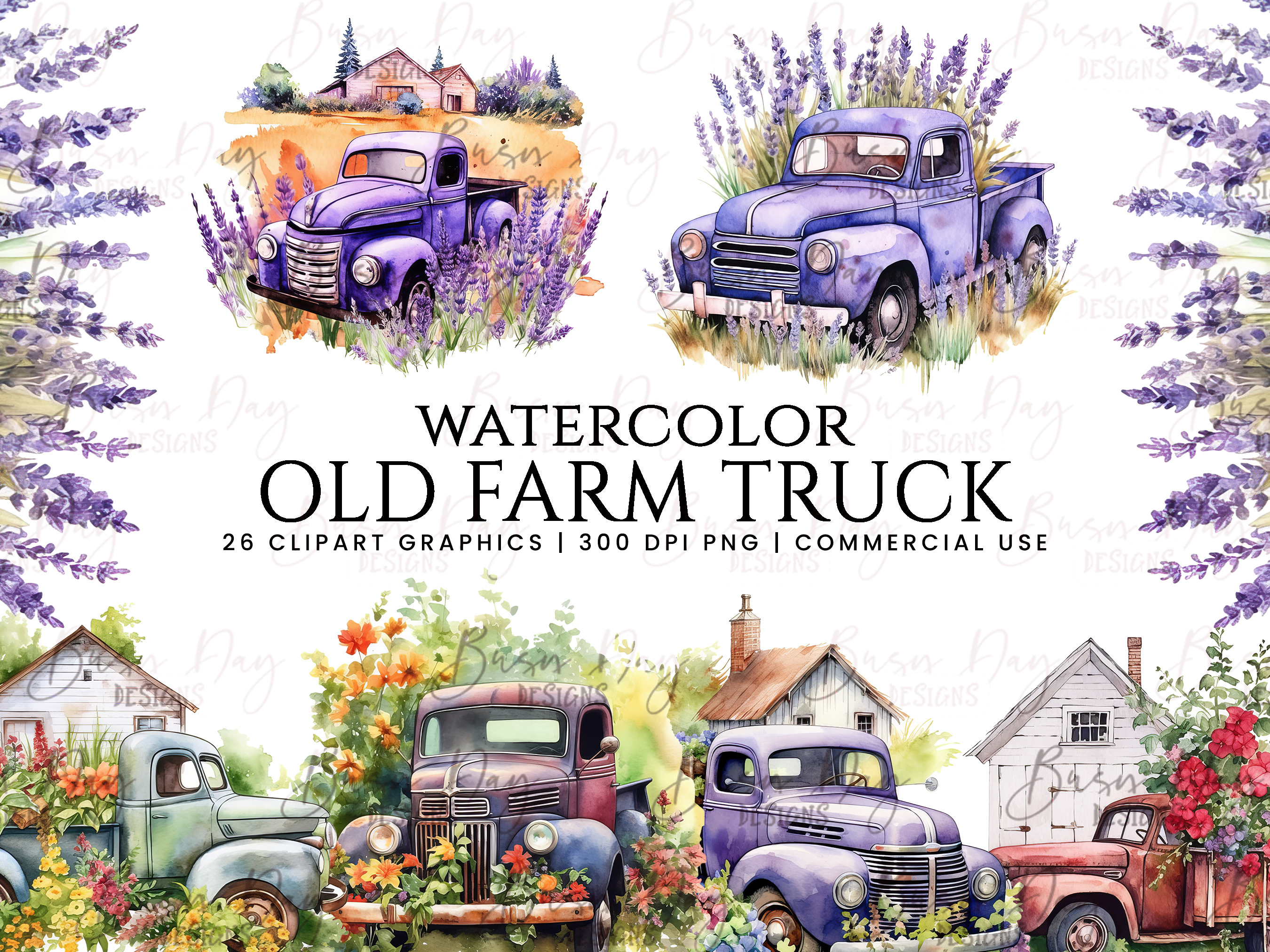 Watercolor Farm Truck Clipart Bundle, a Transportation Illustration by ...