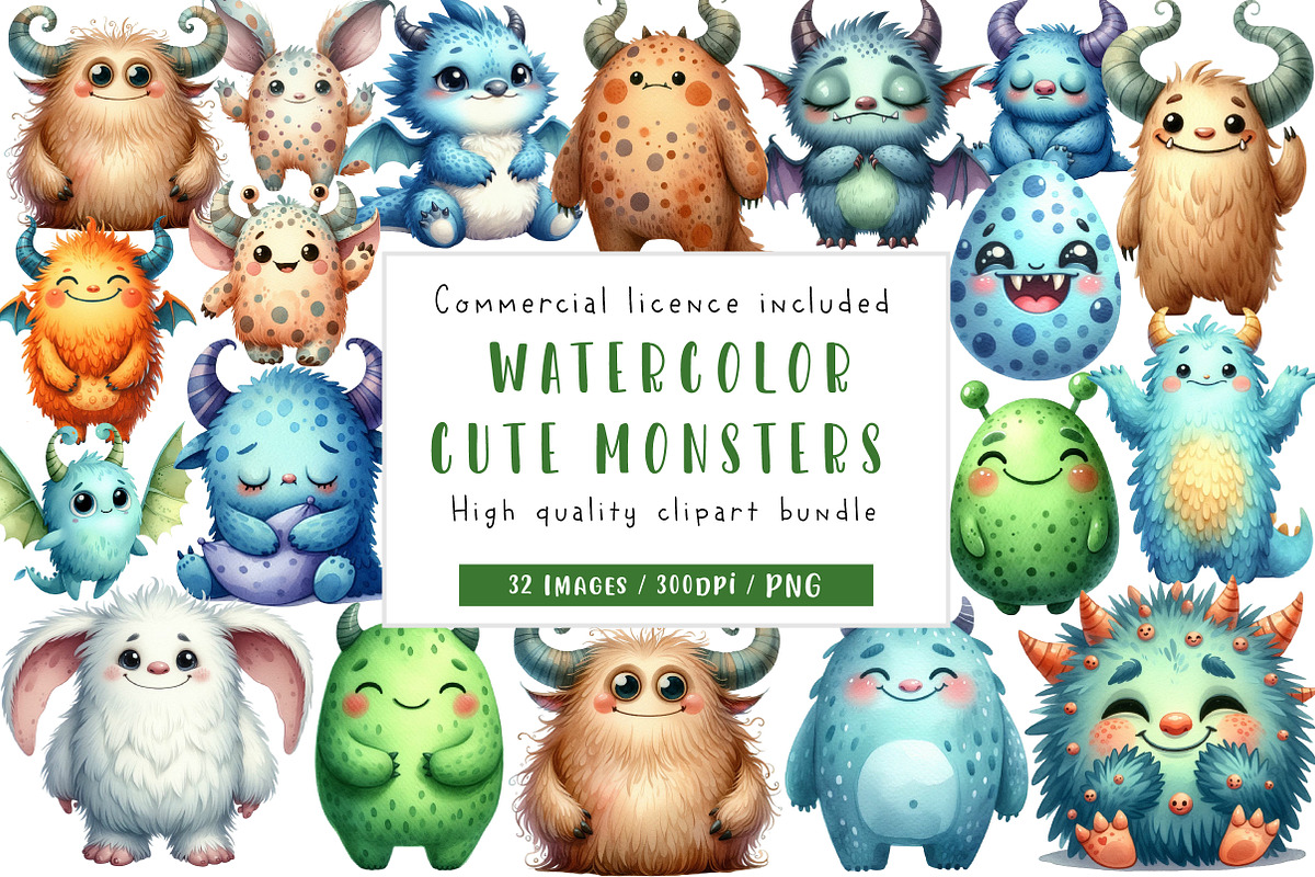 Cute monsters watercolor clipart, an Illustration by CreationArt