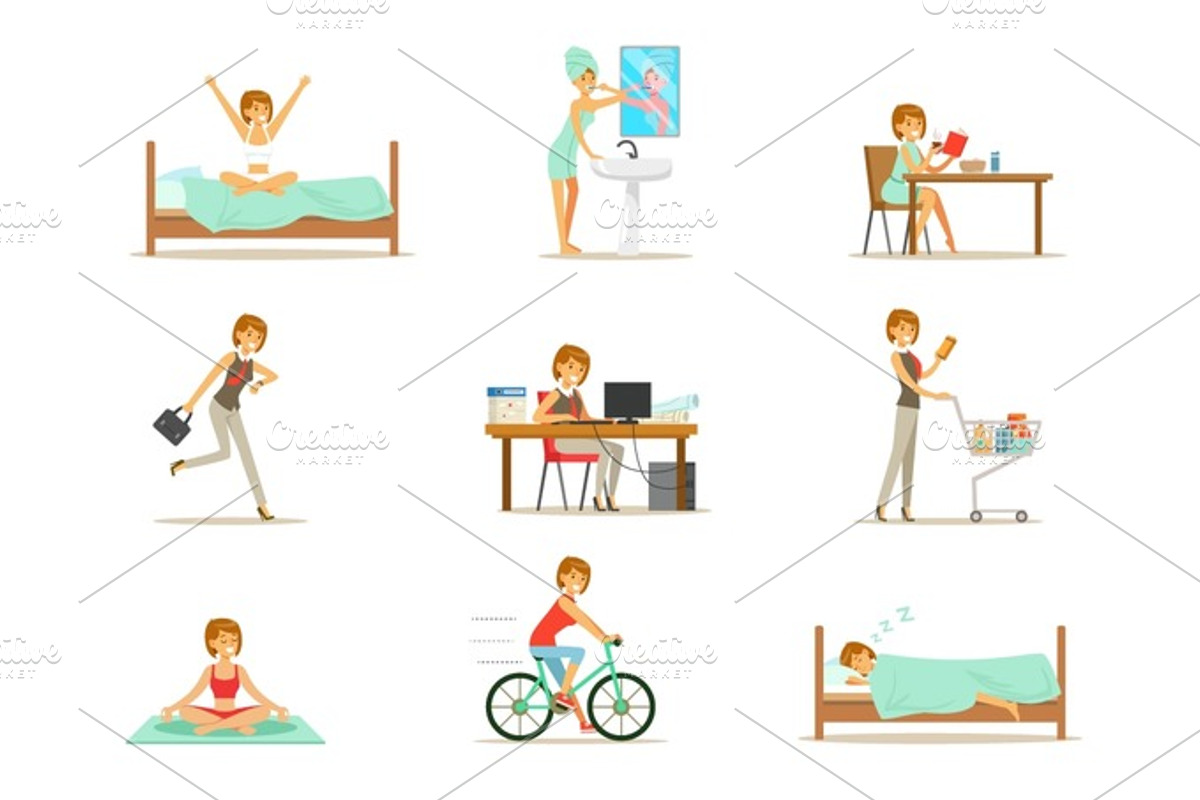 Modern Woman Daily Routine From Morning To Evening Series Of Cartoon ...