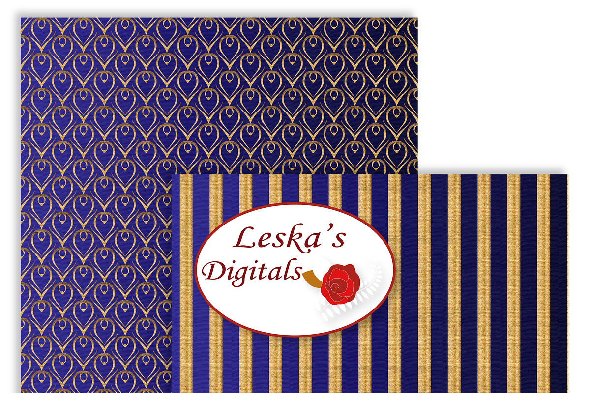 Royal Blue and Gold Digital Paper, a Pattern Graphic by Leska's Digitals