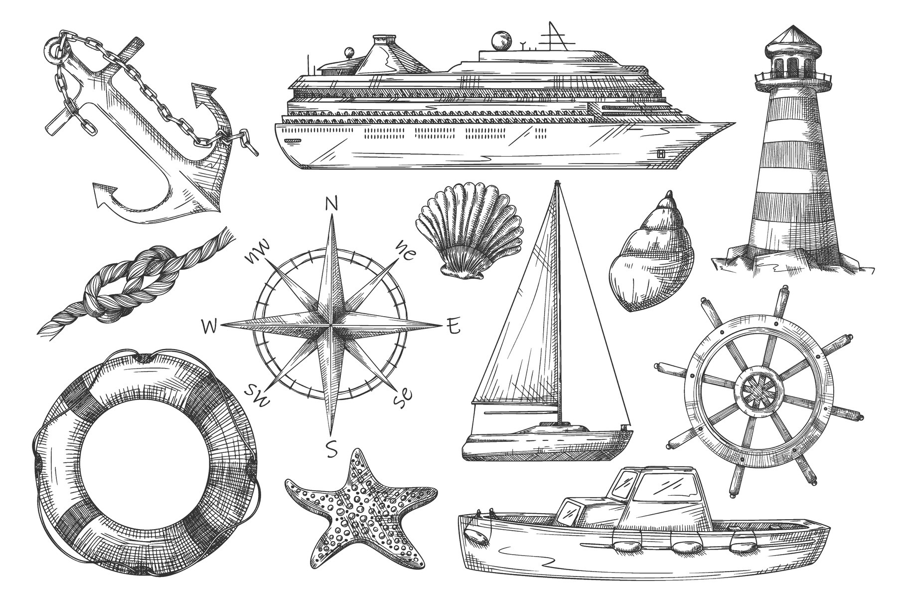 Hand drawn marine sketch nautical, an Object Illustration by ...