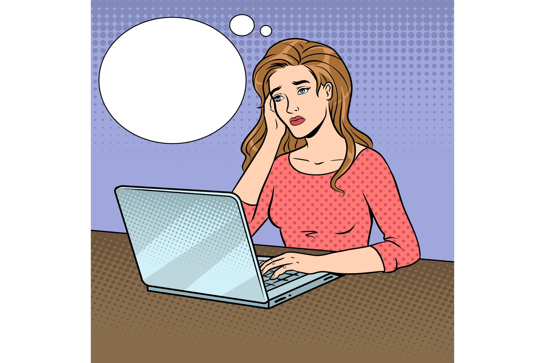 Sad girl with laptop pop art vector illustration, a Decorative ...