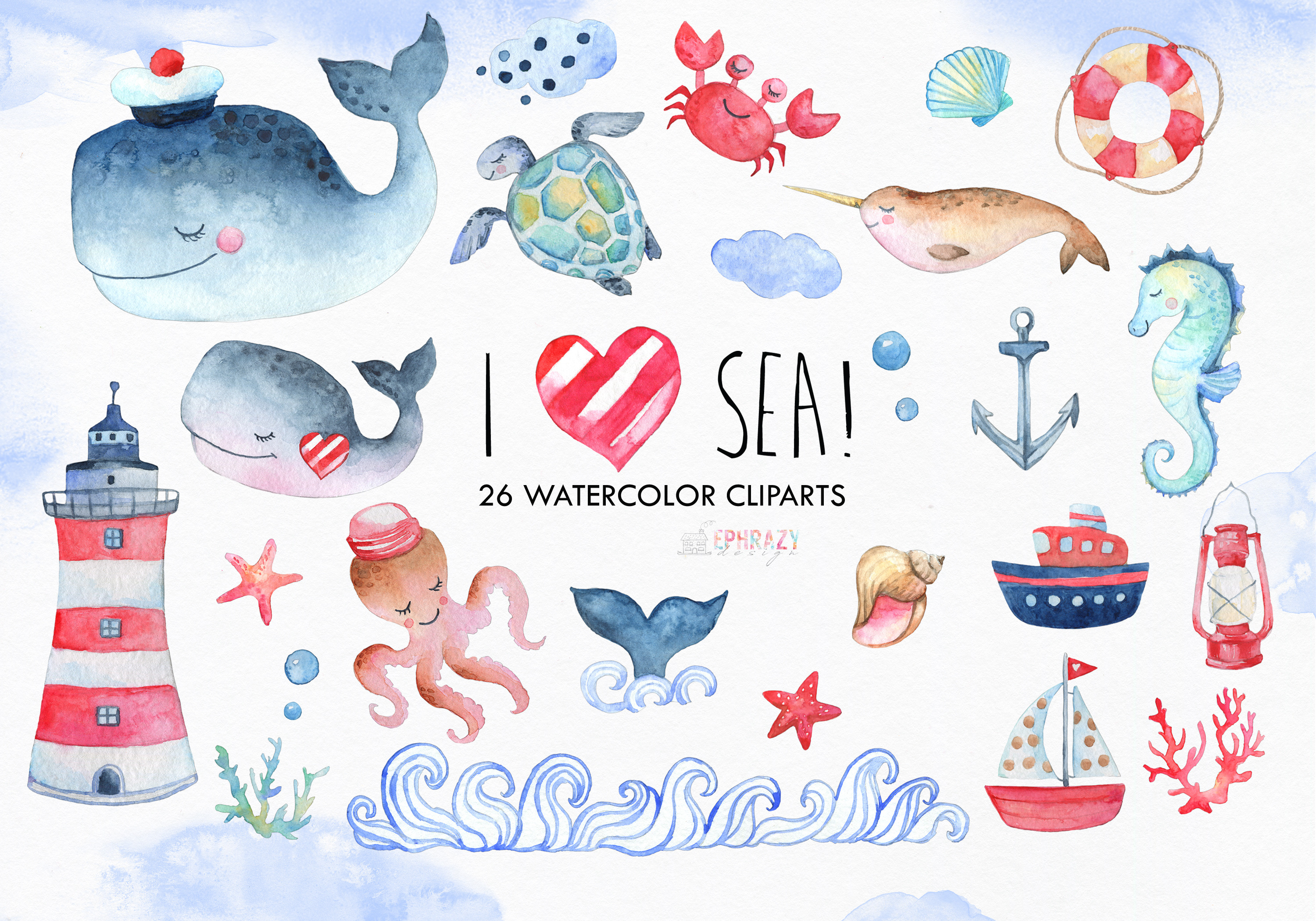 Nautical clipart. Sea animals, an Animal Illustration by EphrazyGraphics