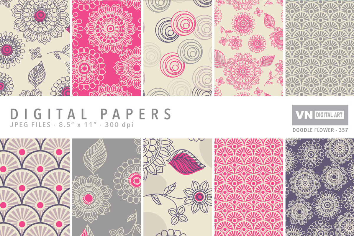 Digital Papers - Doodle Flower -357, a Pattern Graphic by VN Digital Art