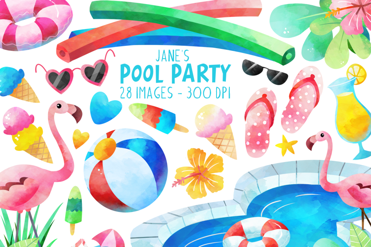 Watercolor Pool Party Clipart, an Illustration by DigitalArtsi ...