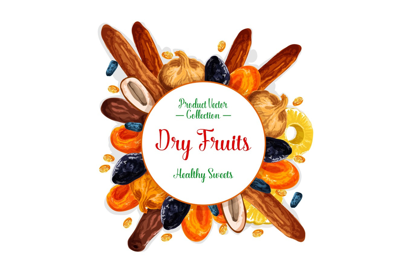 Vector poster of dried fruits and dry fruit snacks | Food Illustrations ...