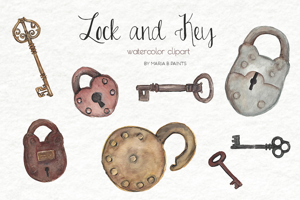 Watercolor Clip Art - Locks, Keys, an Illustration by Maria B. Paints