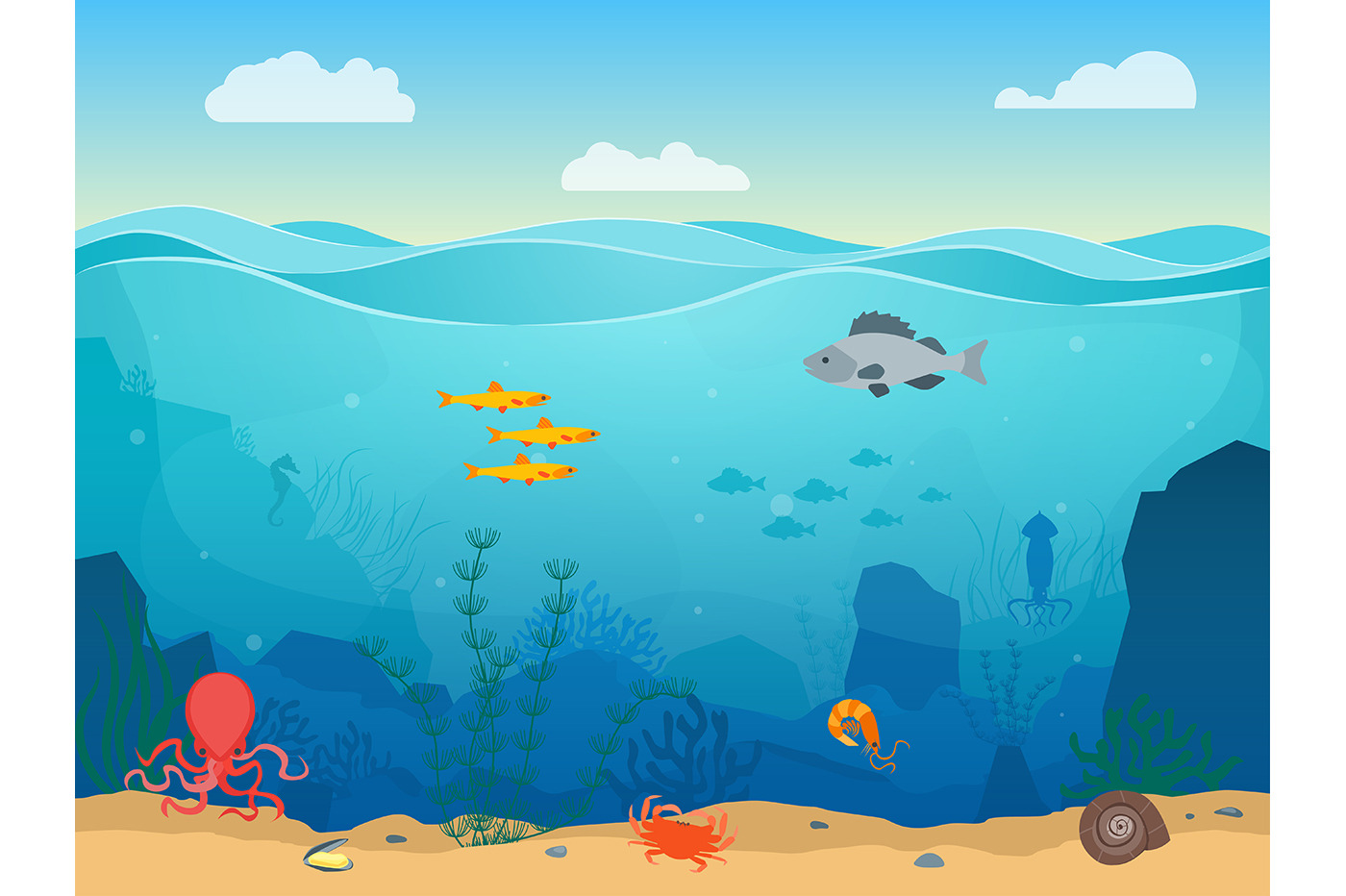 Sea Underwater Scene Background, an Illustration by Bigmouse_art