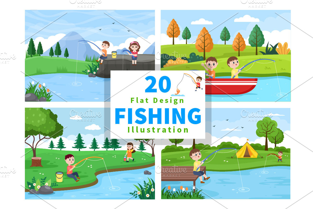 20 Children Fishing Fish Vector, a Person Illustration by denayunebgt ...