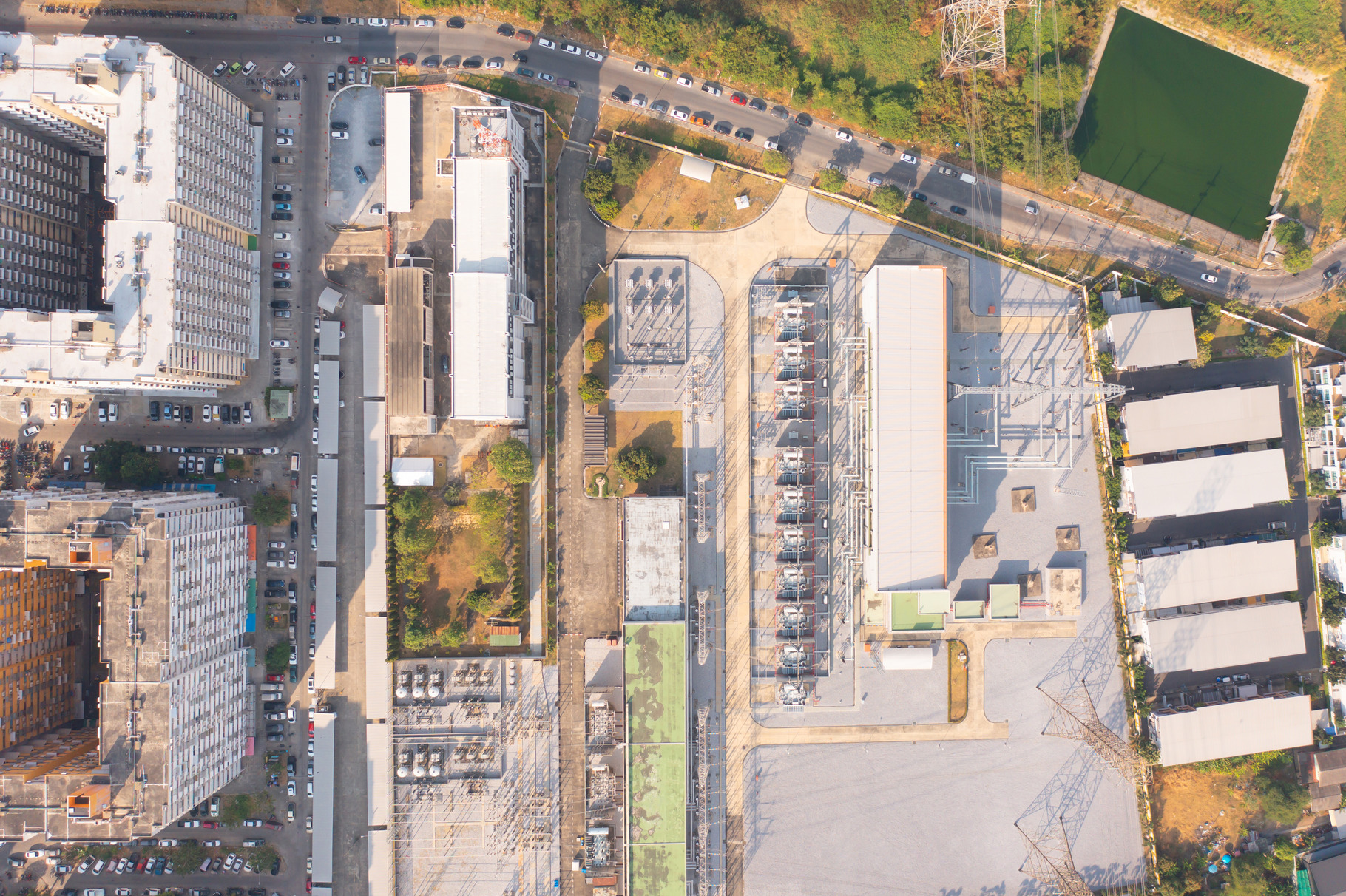 Aerial view of electricity generating, voltage poles. Power line, a ...
