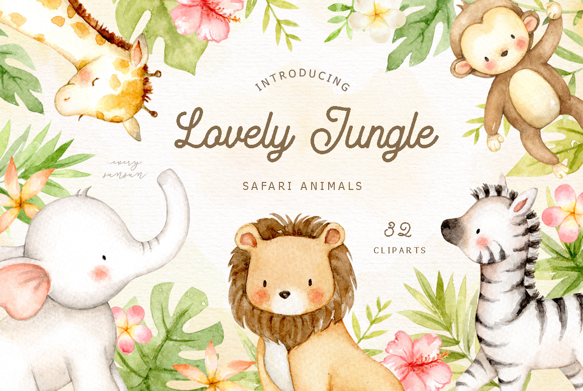 Lovely Jungle Safari Animals Clipart, an Animal Illustration by everysunsun