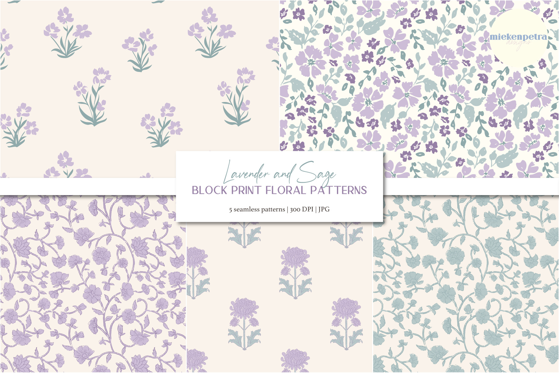 Lavender Sage Block Print Patterns, a Pattern Graphic by Mieken Petra ...
