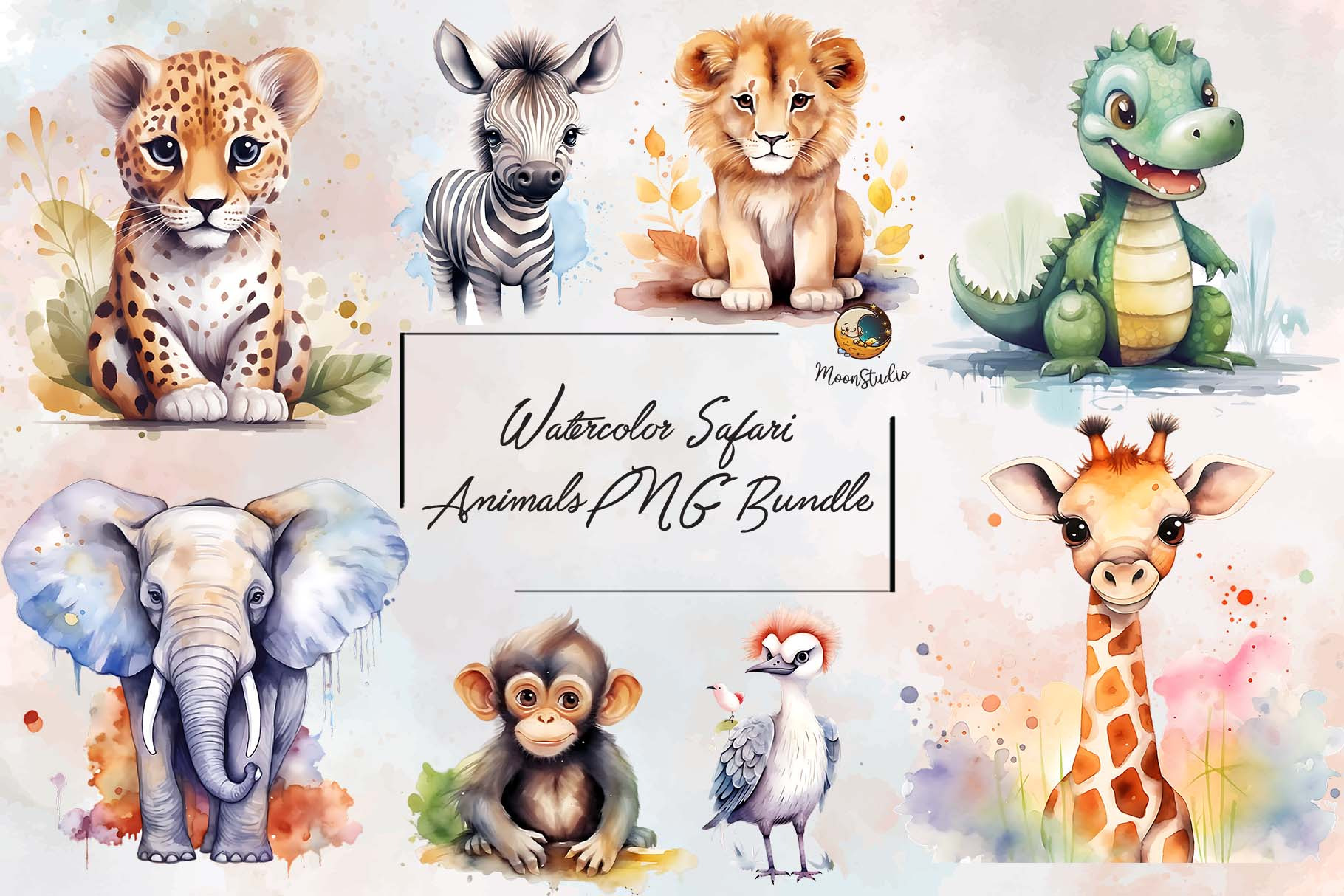 Watercolor Safari Animals PNG Bundle, a Graphic by Moon Studio