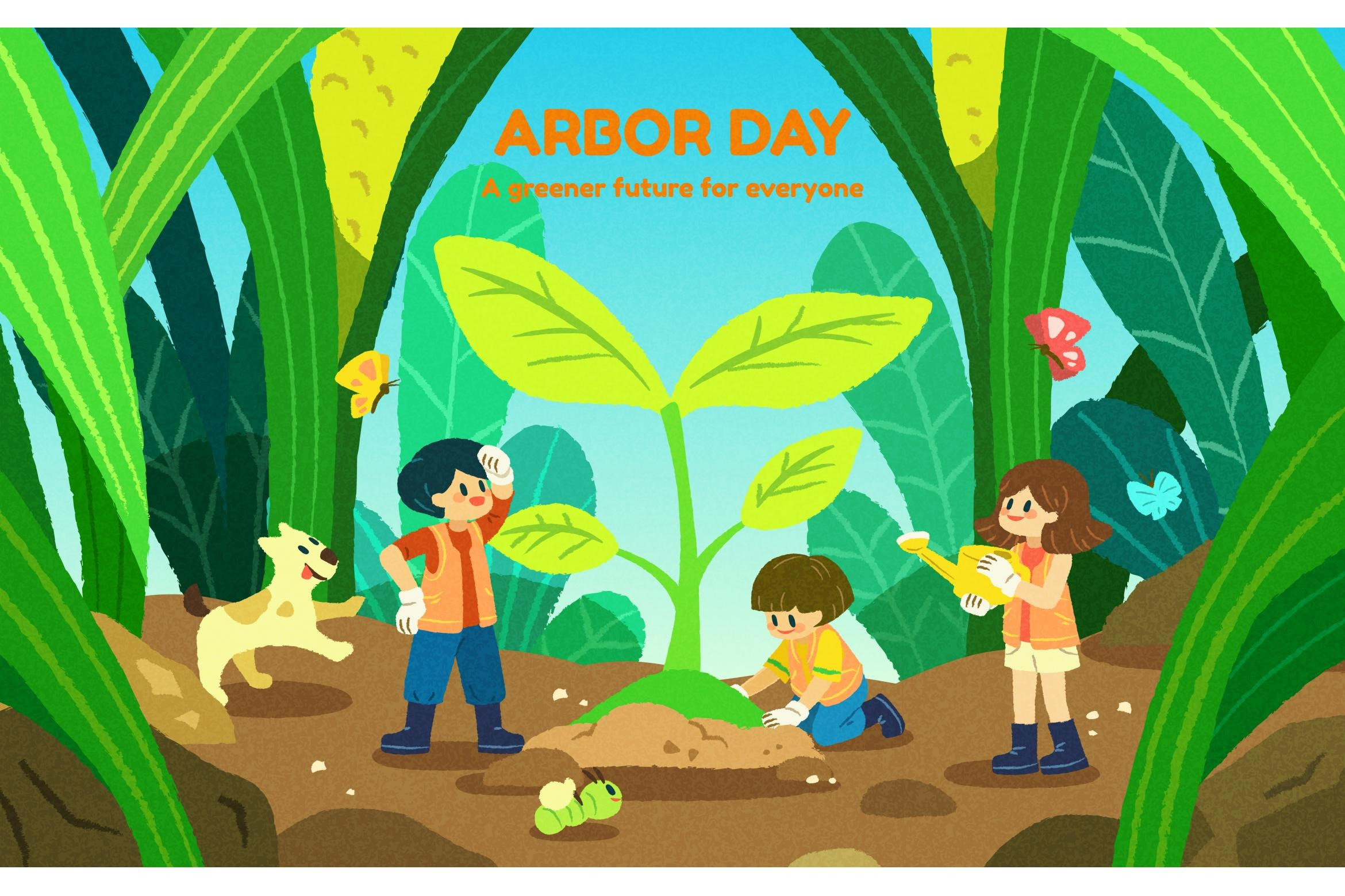 Cute Children Planting on Arbor Day, a Decorative Illustration by ...