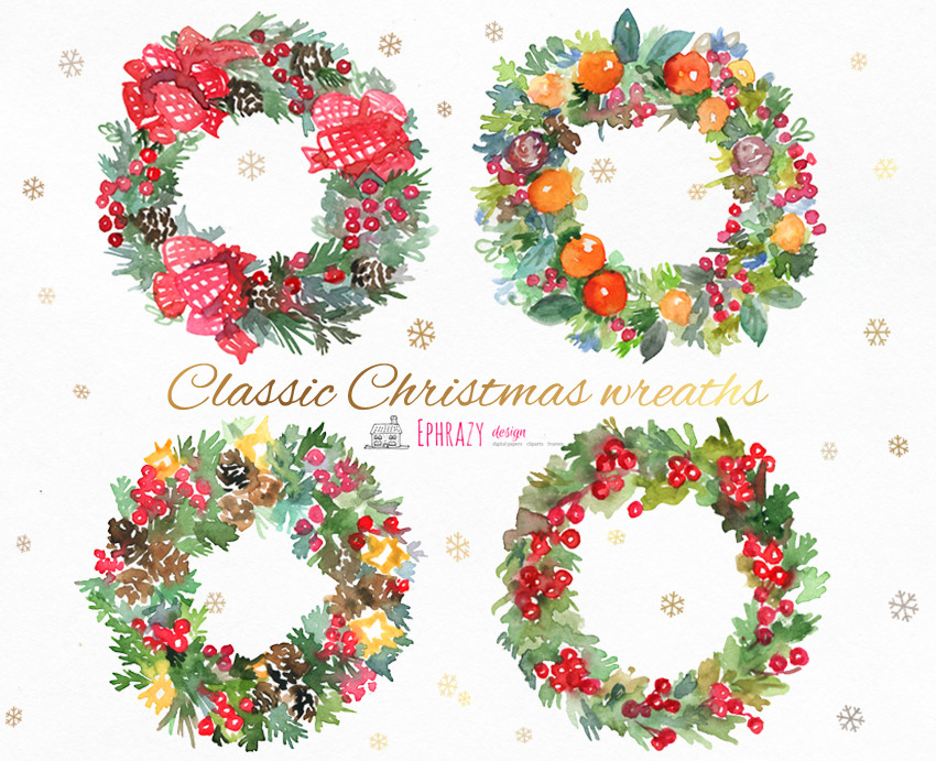 Christmas wreaths clipart Watercolor, an Illustration by EphrazyGraphics