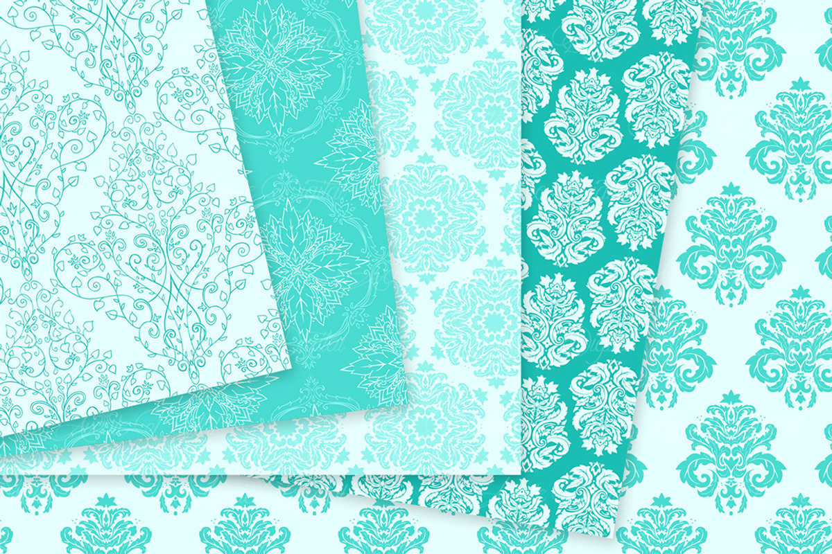 28 Turquoise Damask Digital Paper, a Pattern Graphic by Avenie Digital