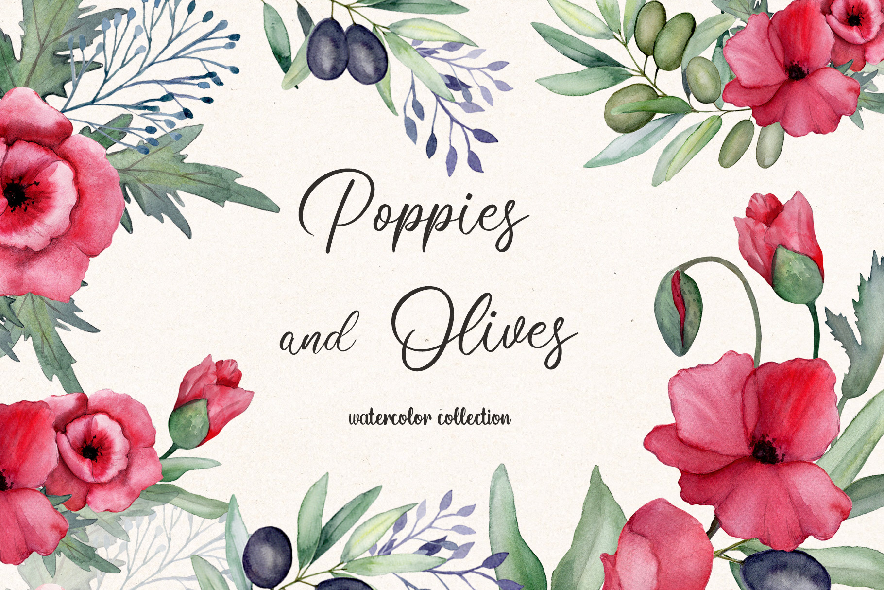 Poppy and Olives. Watercolor set, an Illustration by MarinaSur_Art