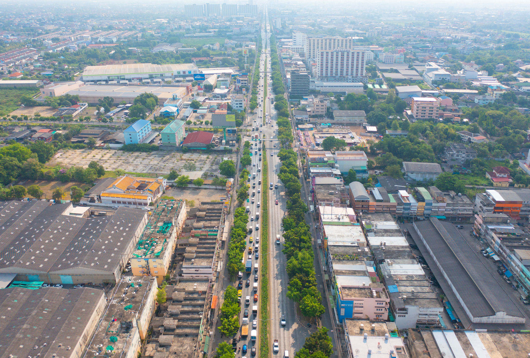 Aerial view of highway street road at Bangkok Downtown Skyline,, a ...