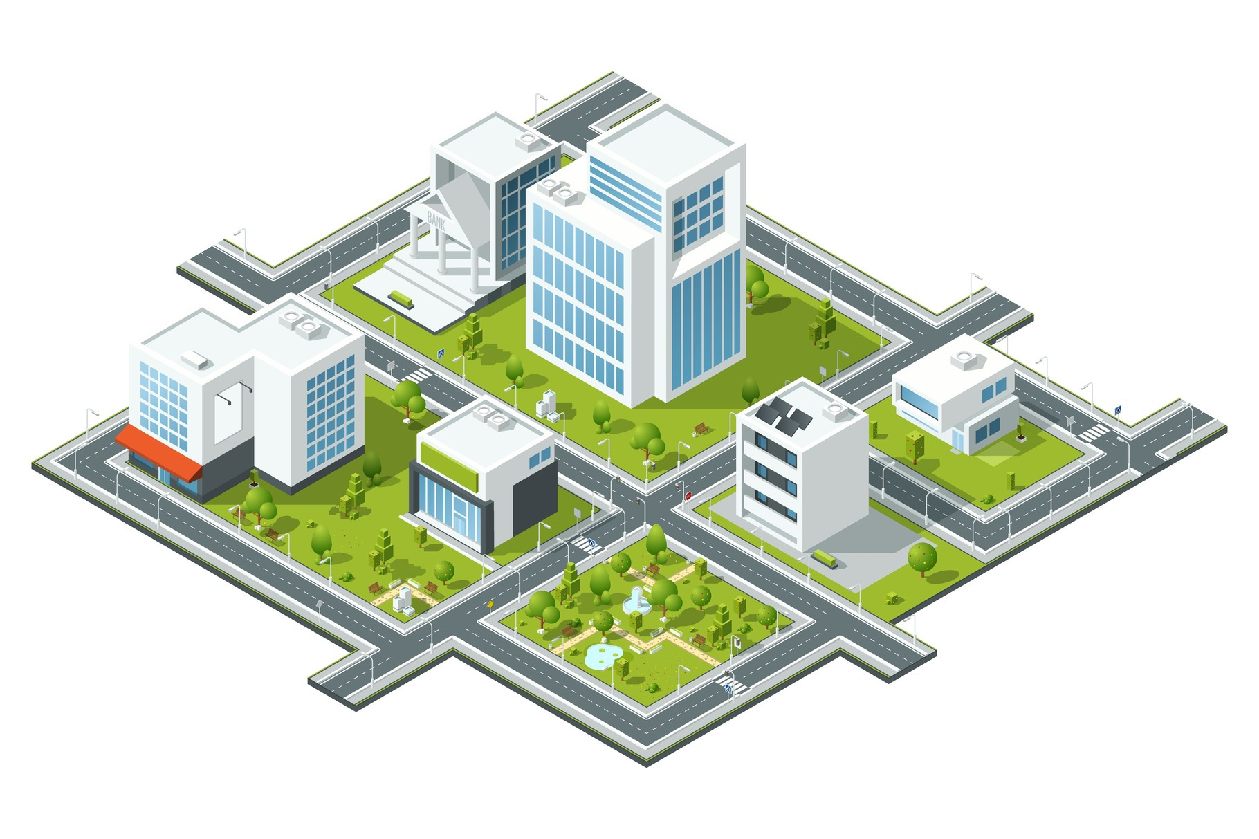Isometric vector illustration of public constructions. Buildings and ...