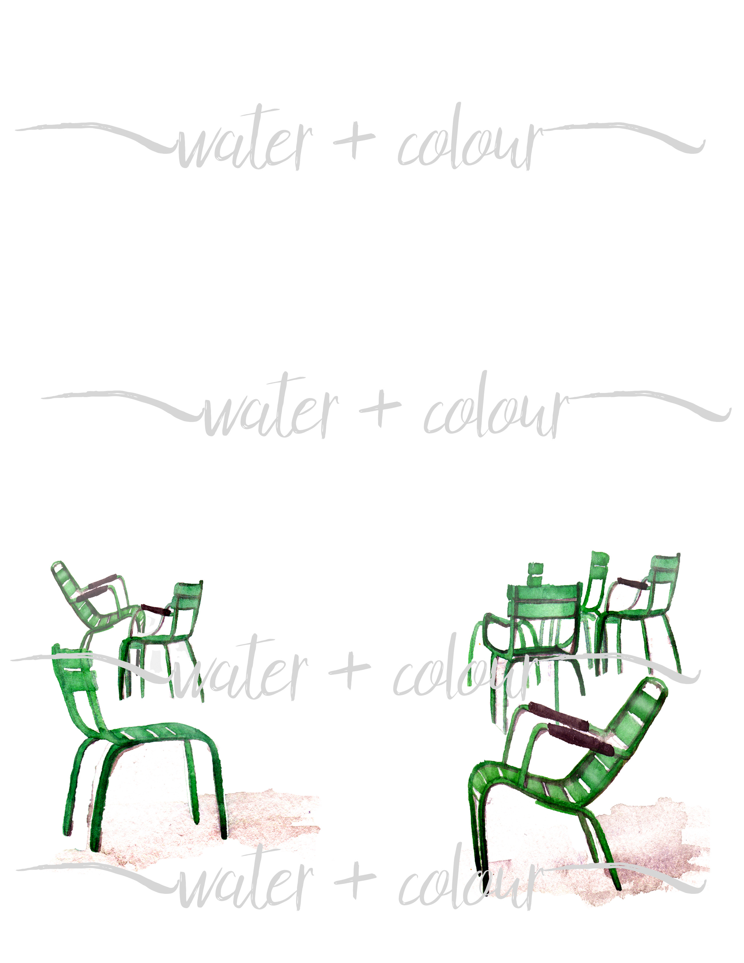 Tuileries green chairs border, an Illustration by water + colour