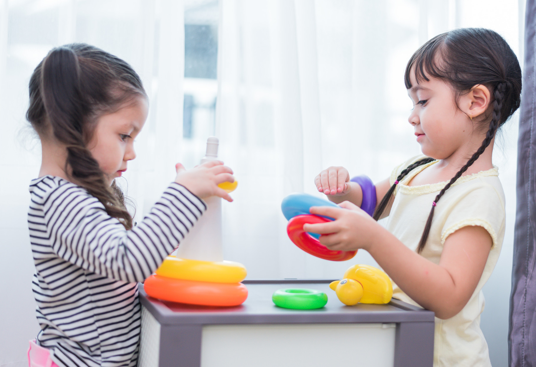 Two cute Caucasian girls playing toys together in home. Kids dev, a Person Photo by Ministocker