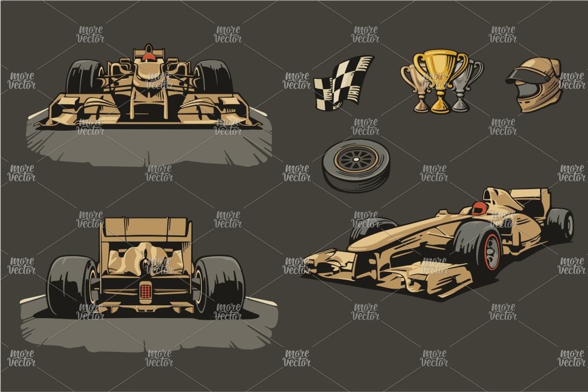 Car sport set symbols and poster f1, an Illustration by MoreVector