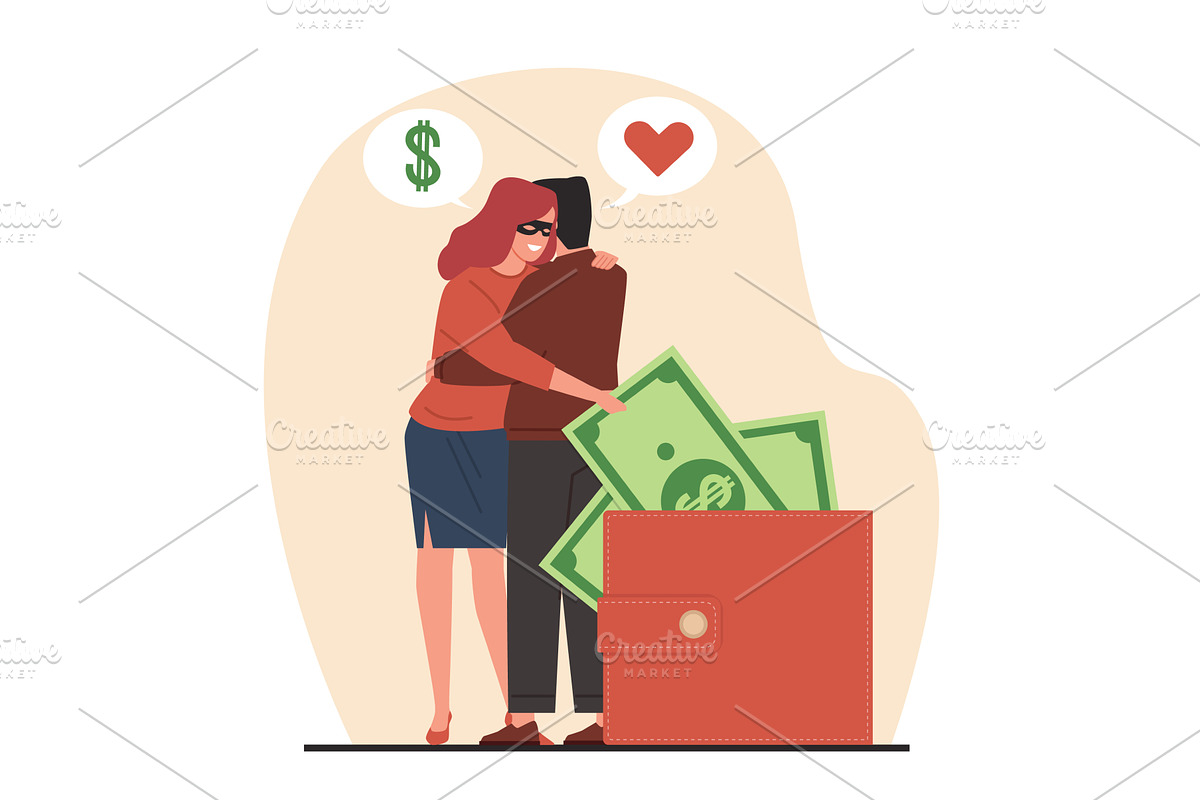 Woman scammer steals money from, an Illustration by YummyBuum