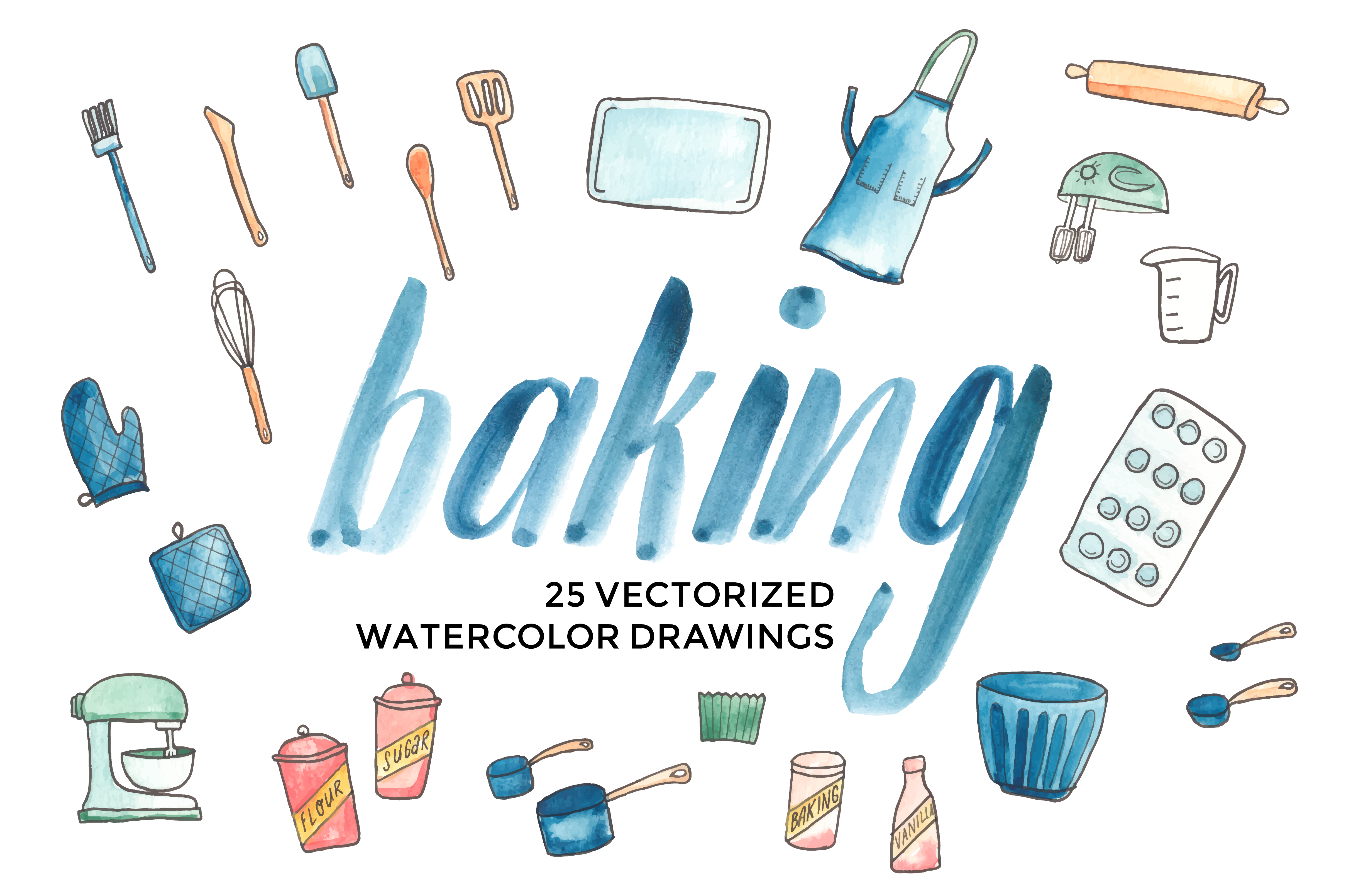 Vector Watercolor Baking Supplies, an Illustration by Hello Brio