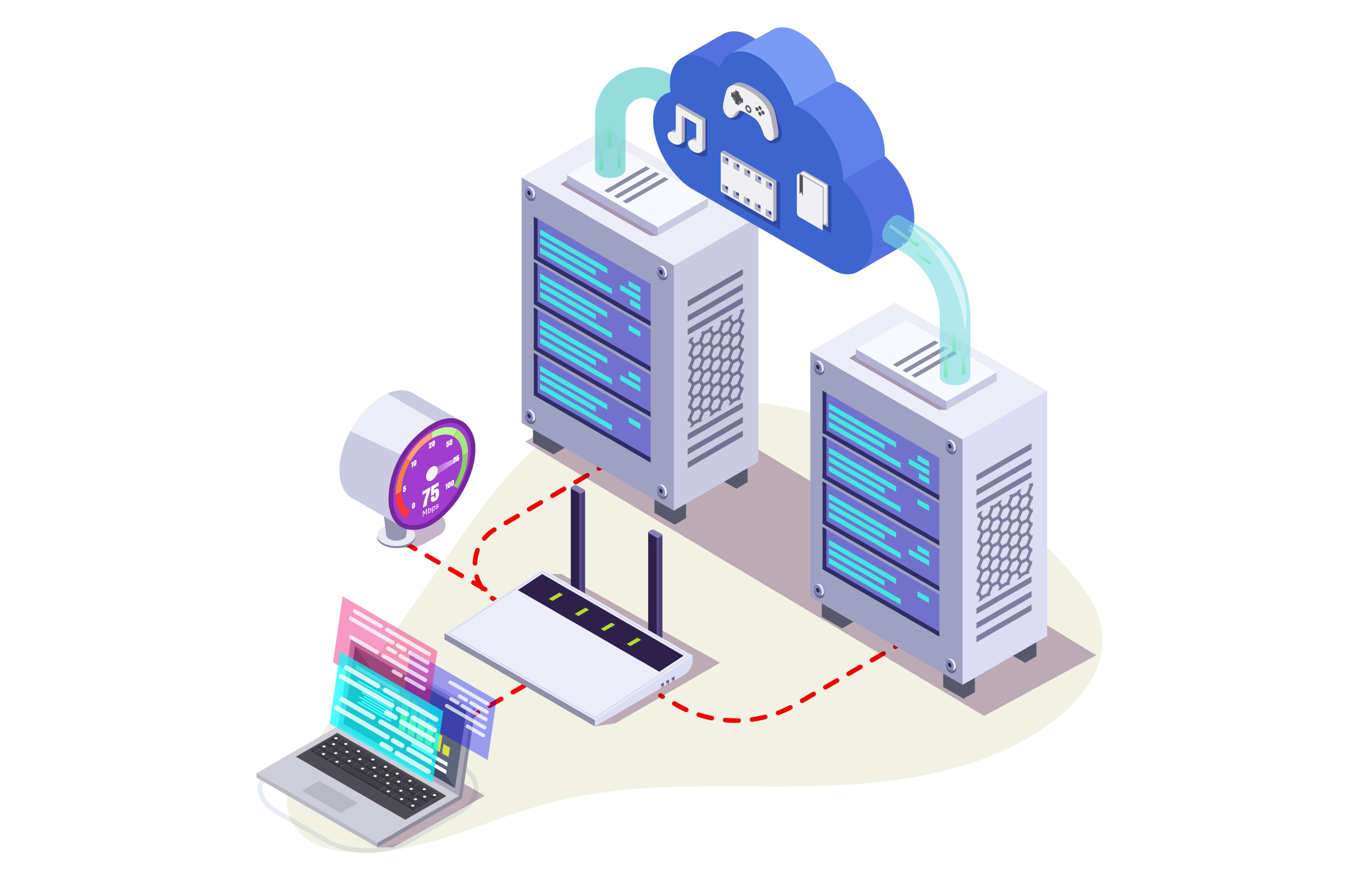 Server racks, wifi router, laptop, a Technology Illustration by ...