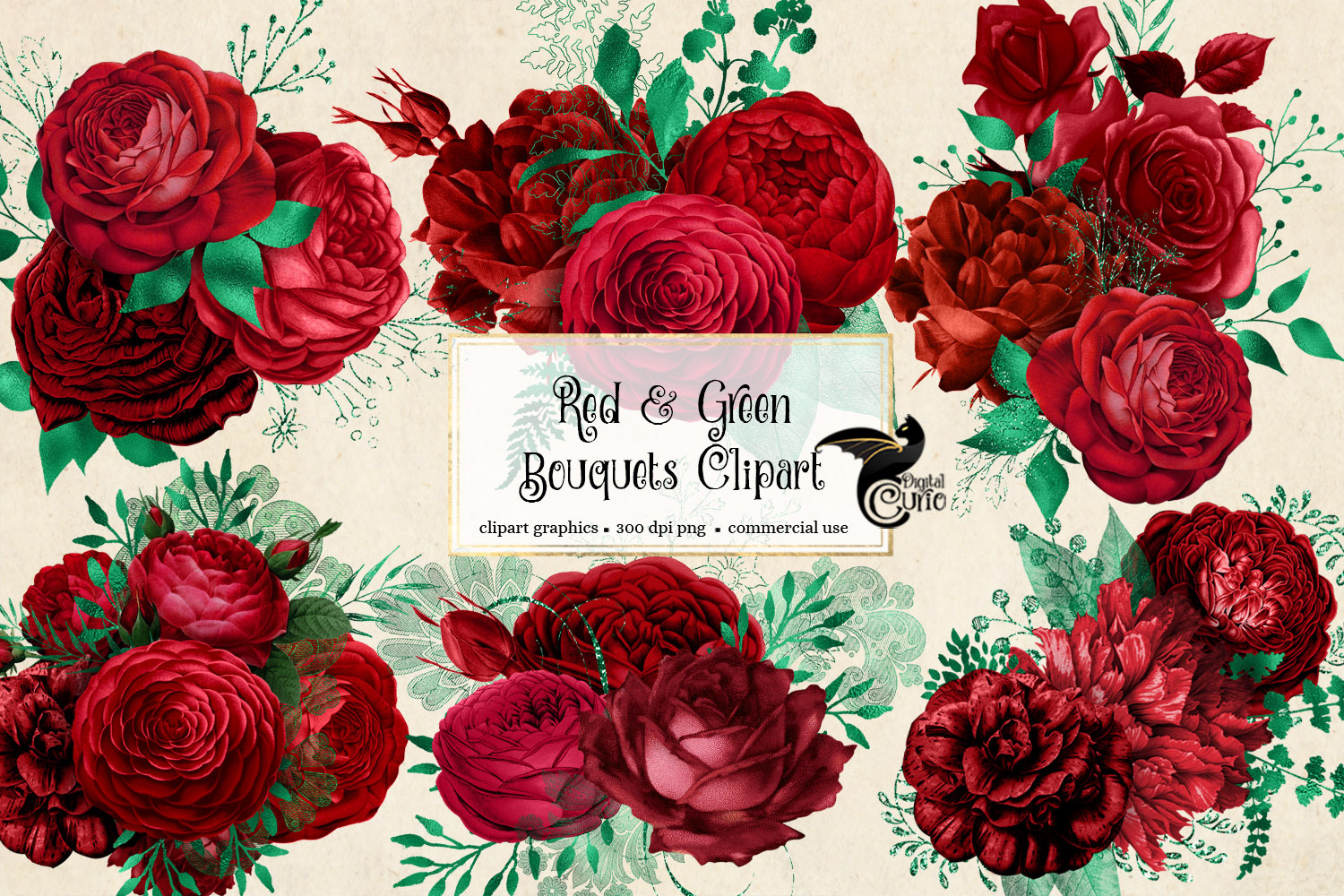 Red and Green Floral Bouquets, an Illustration by Digital Curio