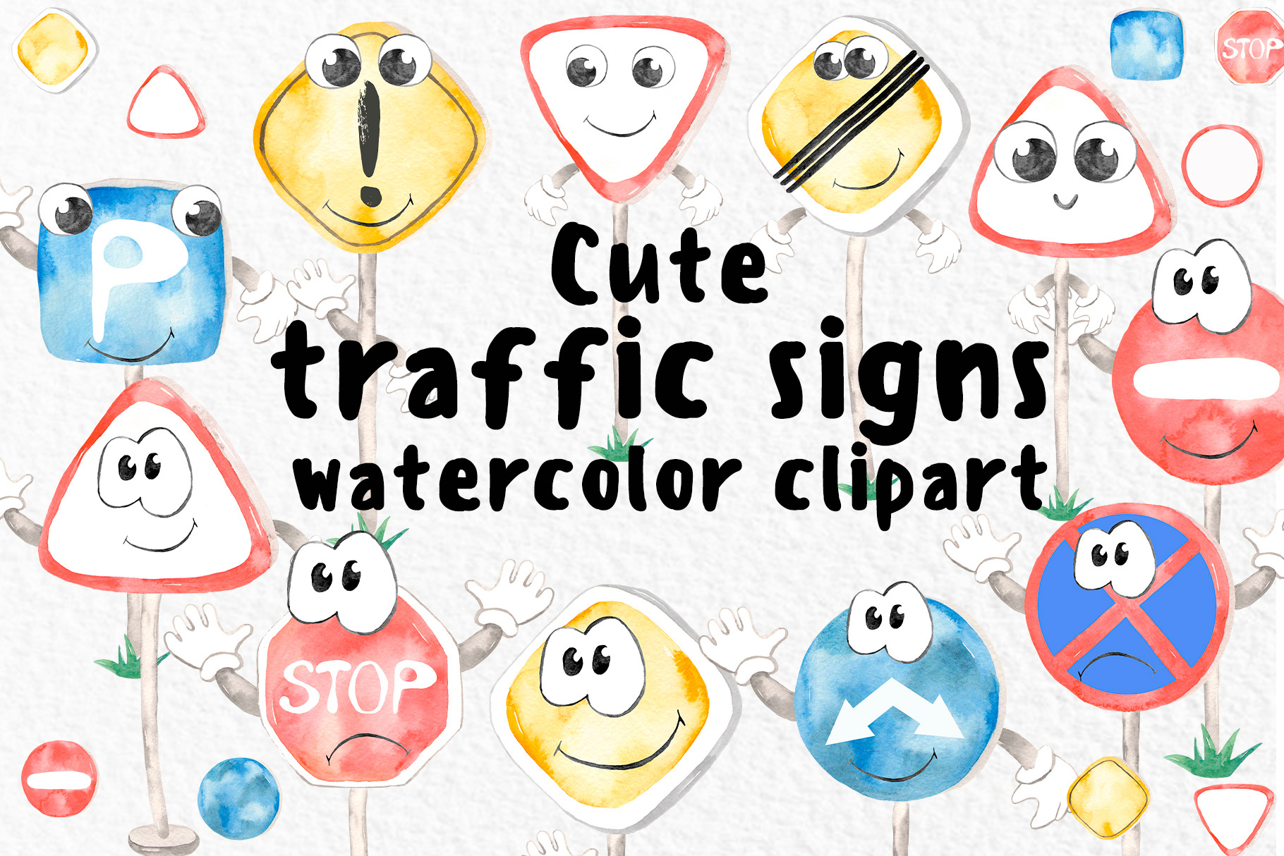 Cute traffic signs. Watercolor set., an Illustration by Marina Ermakova