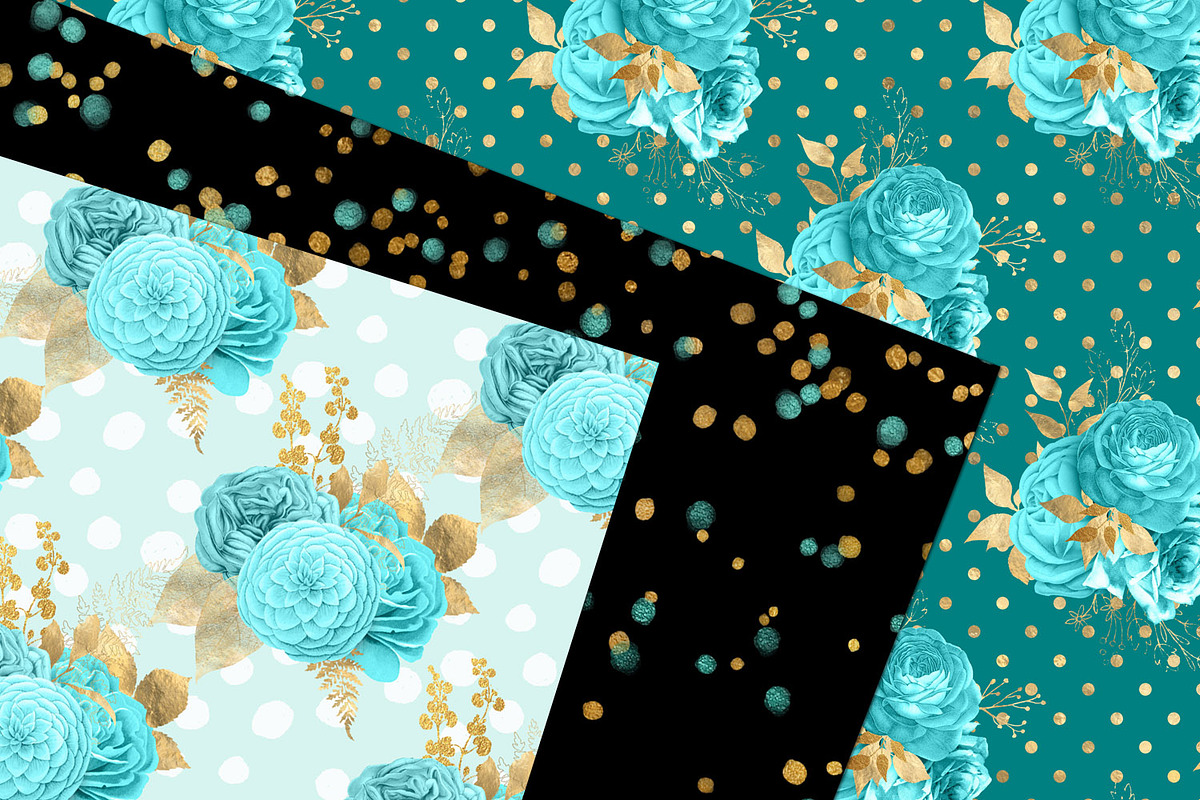 Aqua and Gold Floral Digital Paper, a Pattern Graphic by Digital Curio