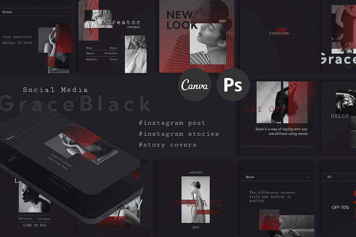 Black Instagram templates CANVA+PSD, a Social Media Template by Lafnaeri