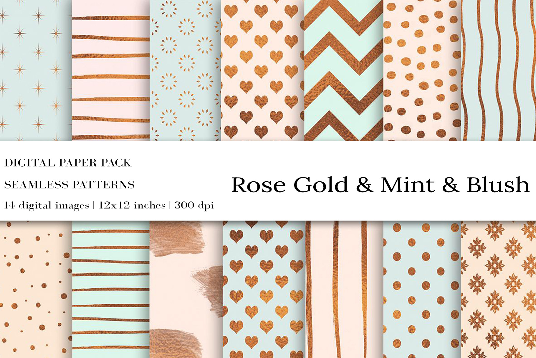 Rose Gold, Mint, Blush Digital Paper, a Pattern Graphic by BonaDesigns