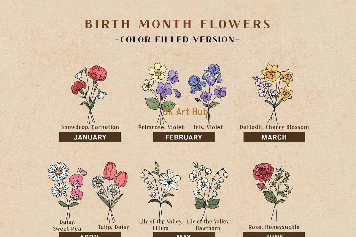 Birth Month Flower Bouquet Bundle, a Decorative Illustration by OKArtHub