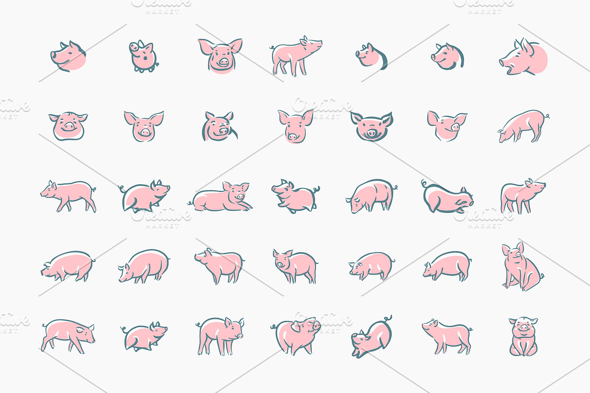 Hand drawn pig icon set, an Animal Illustration by Artha Design Studio