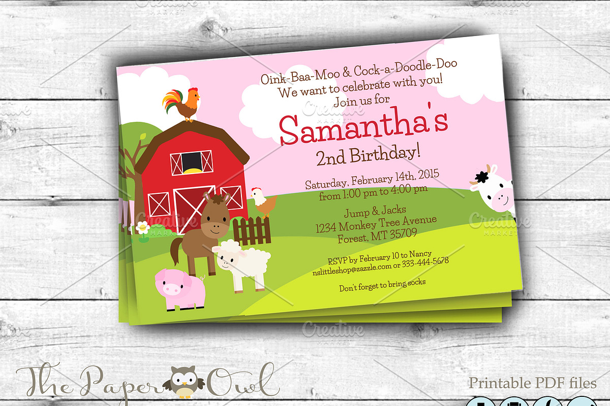 Farm Birthday Party invitation pink, an Invitation Template by ThePaperOwl