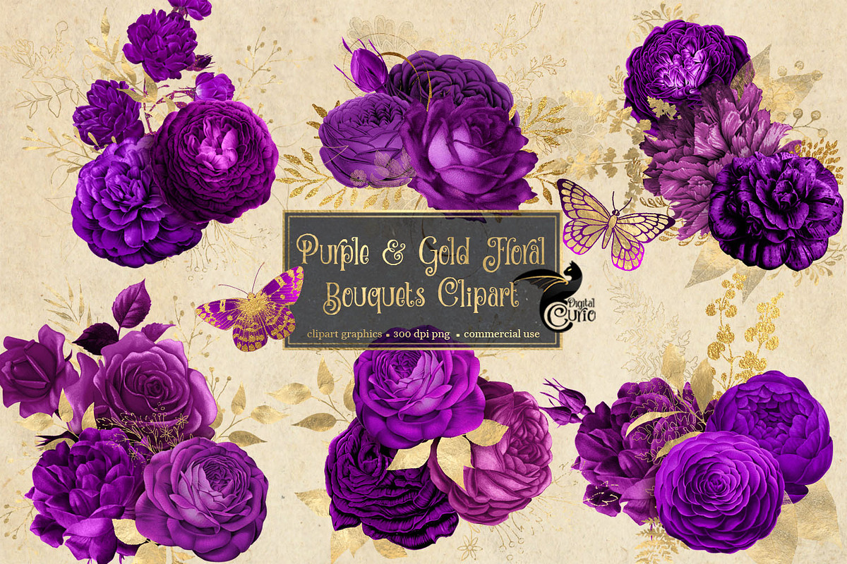 Purple and Gold Floral Clipart, an Illustration by Digital Curio