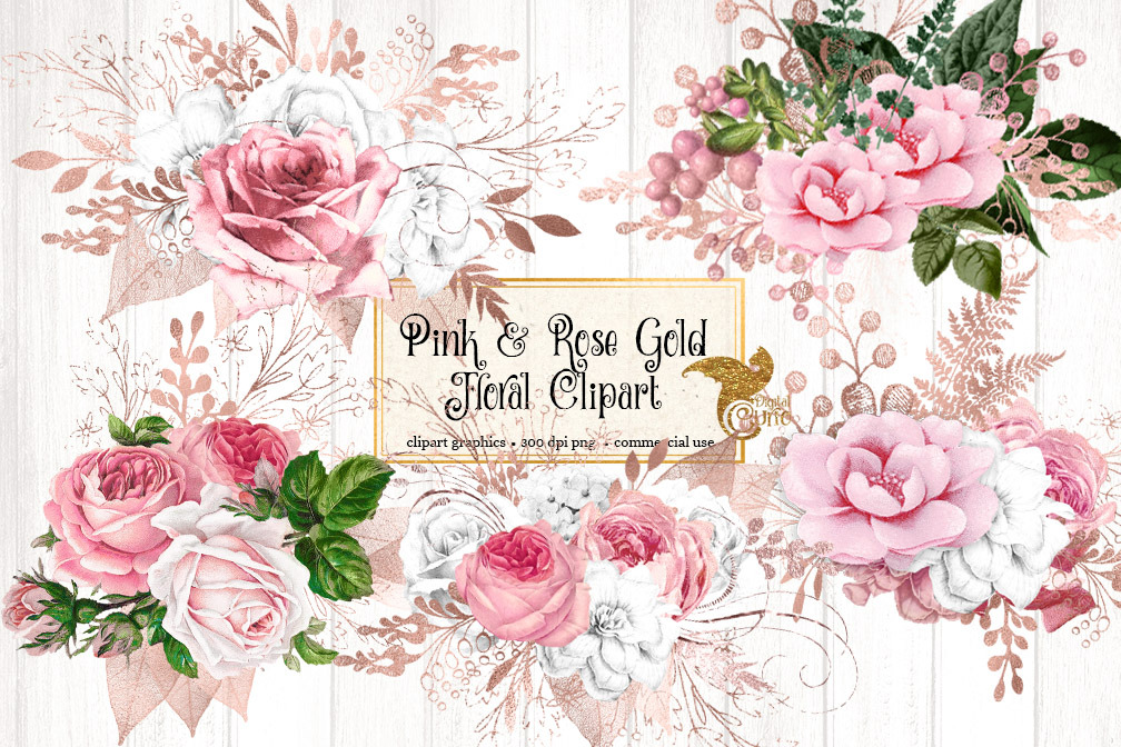 Pink and Rose Gold Floral Clipart, an Illustration by Digital Curio