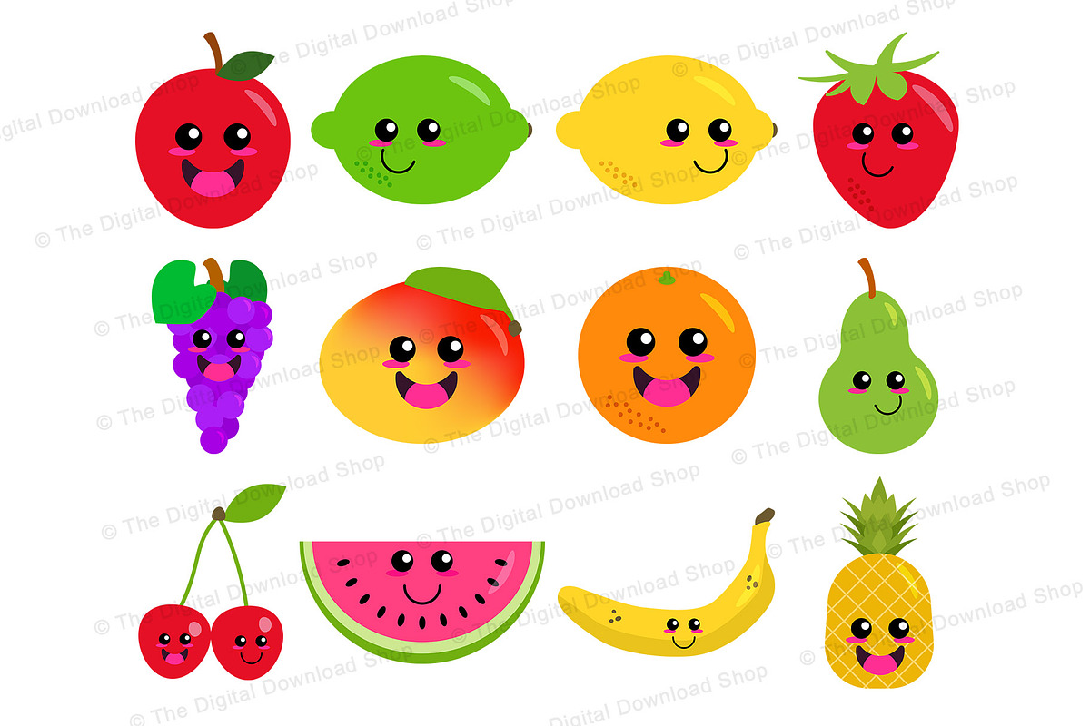 Happy Fruit Clipart, Cute Fruit, a Food Illustration by The Digital ...