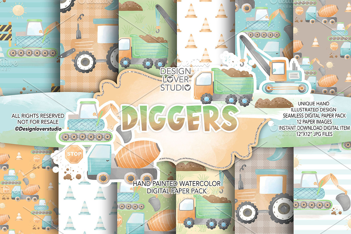 Diggers digital paper pack, a Pattern Graphic by designloverstudio
