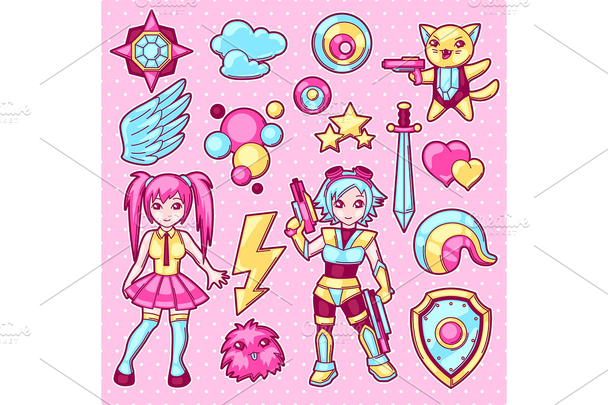 Set of japanese anime cosplay objects. Cute kawaii characters and items ...