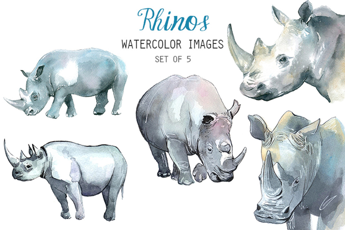 Watercolor Rhinos Clipart, an Animal Illustration by YesFoxy