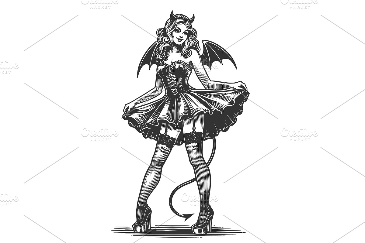 Fantasy Devil Woman engraving vector, a Person Illustration by AlexArt