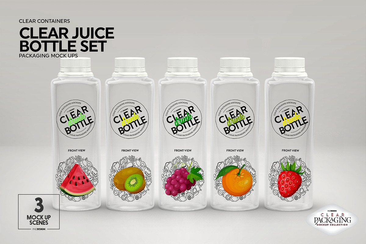 Clear Juice Bottle Sets Mockup, a Packaging Mockup by INCDesign