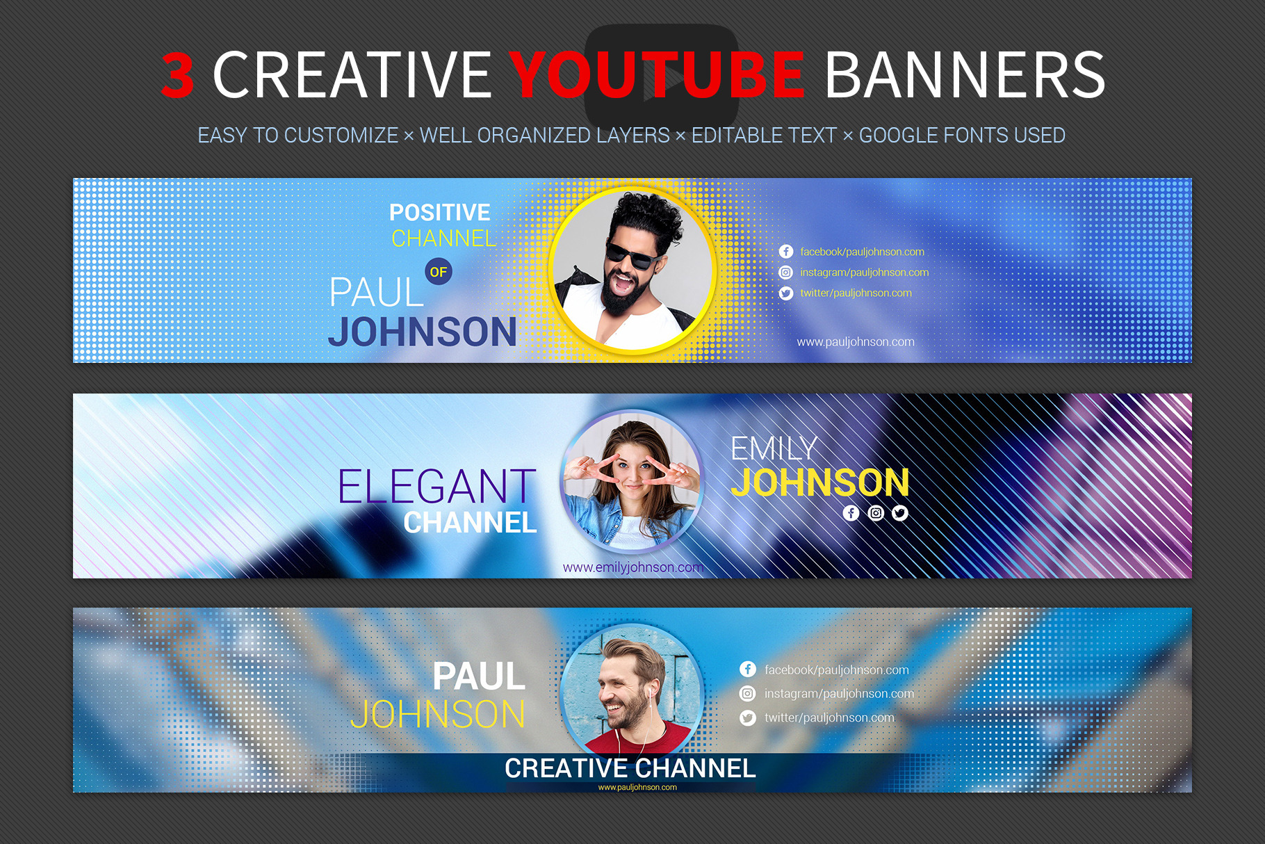 3 Creative youtube banners, a Social Media Template by Genestro Shop
