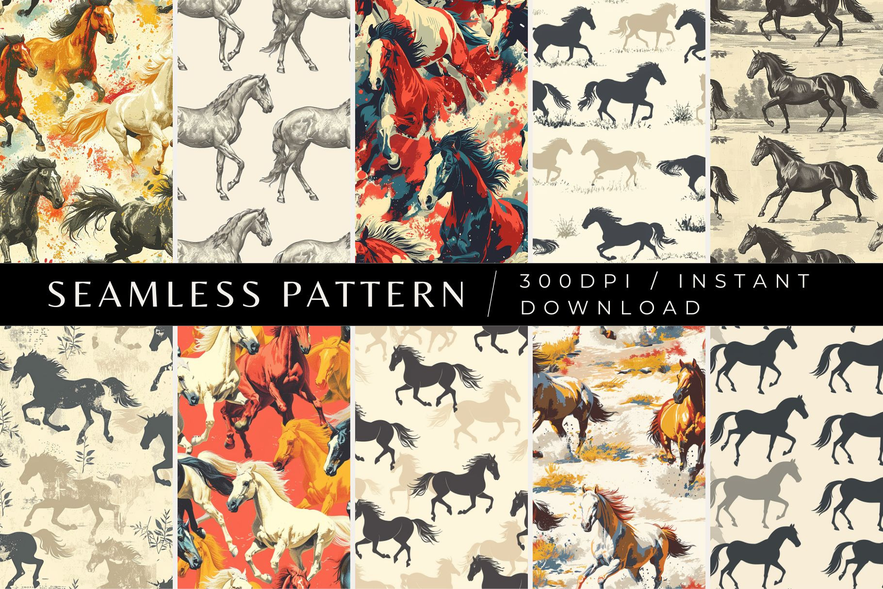 10 Horse Parade Seamless Patterns, a Pattern Graphic by Inknfolly